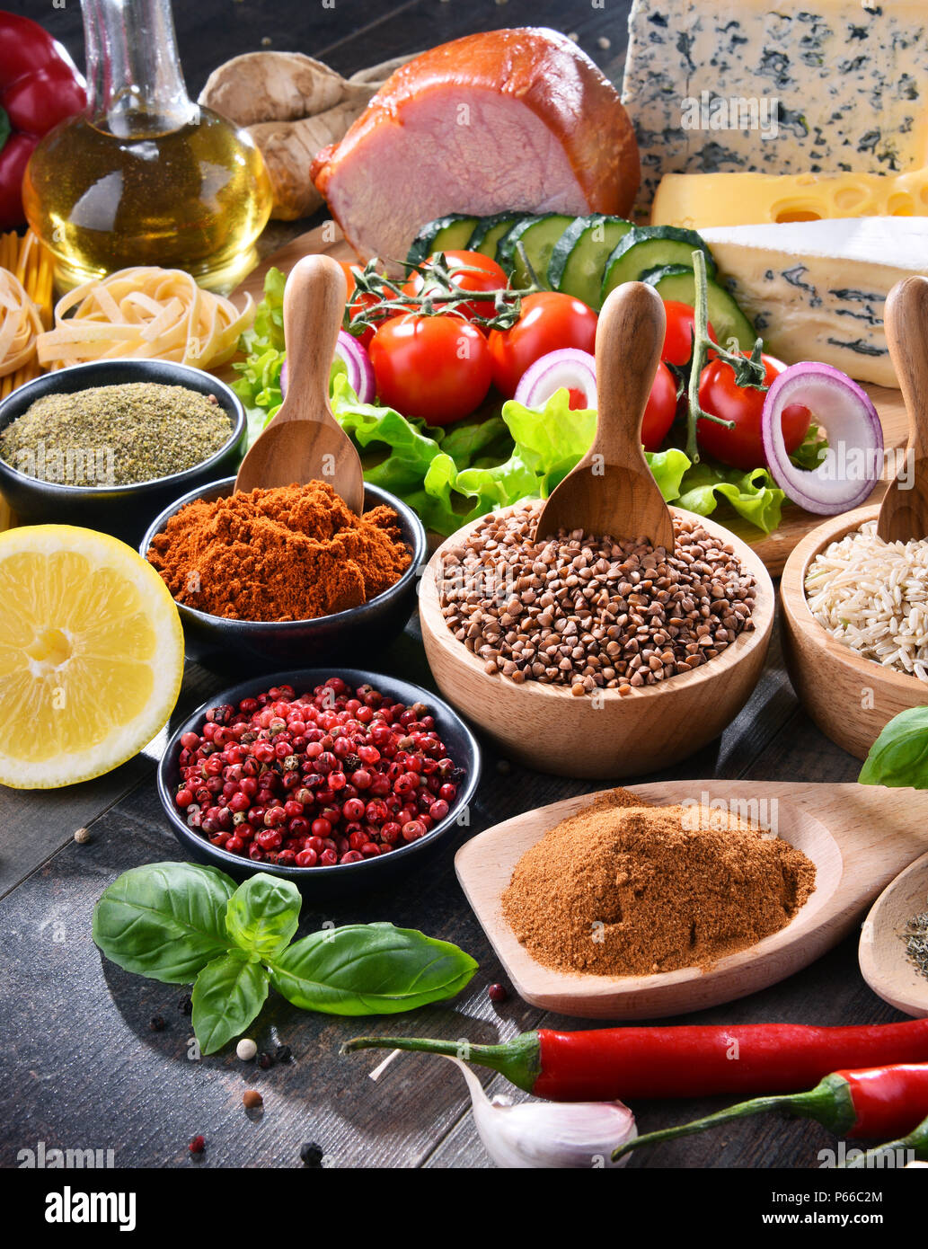 Composition with assorted organic food products on the table Stock ...