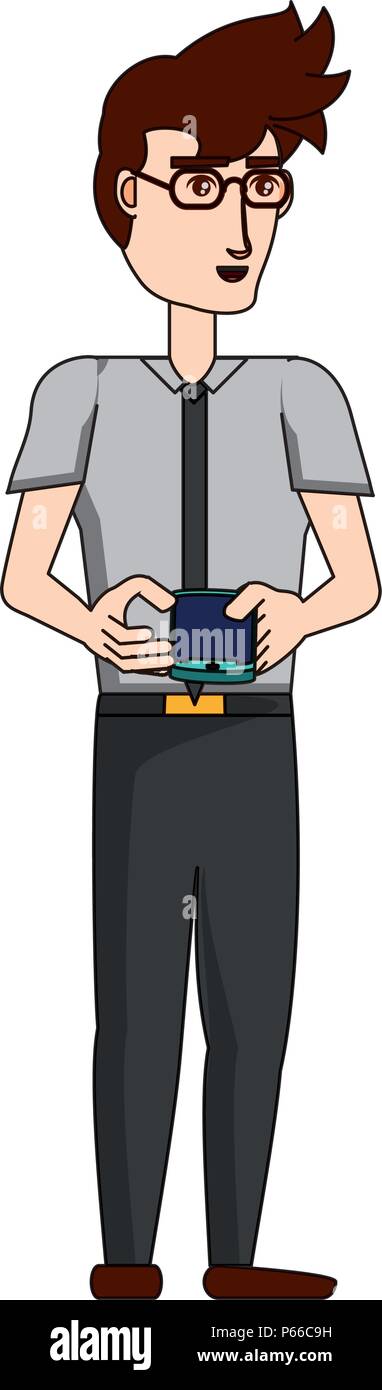 cartoon young man using a cellphone over white background, vector ...