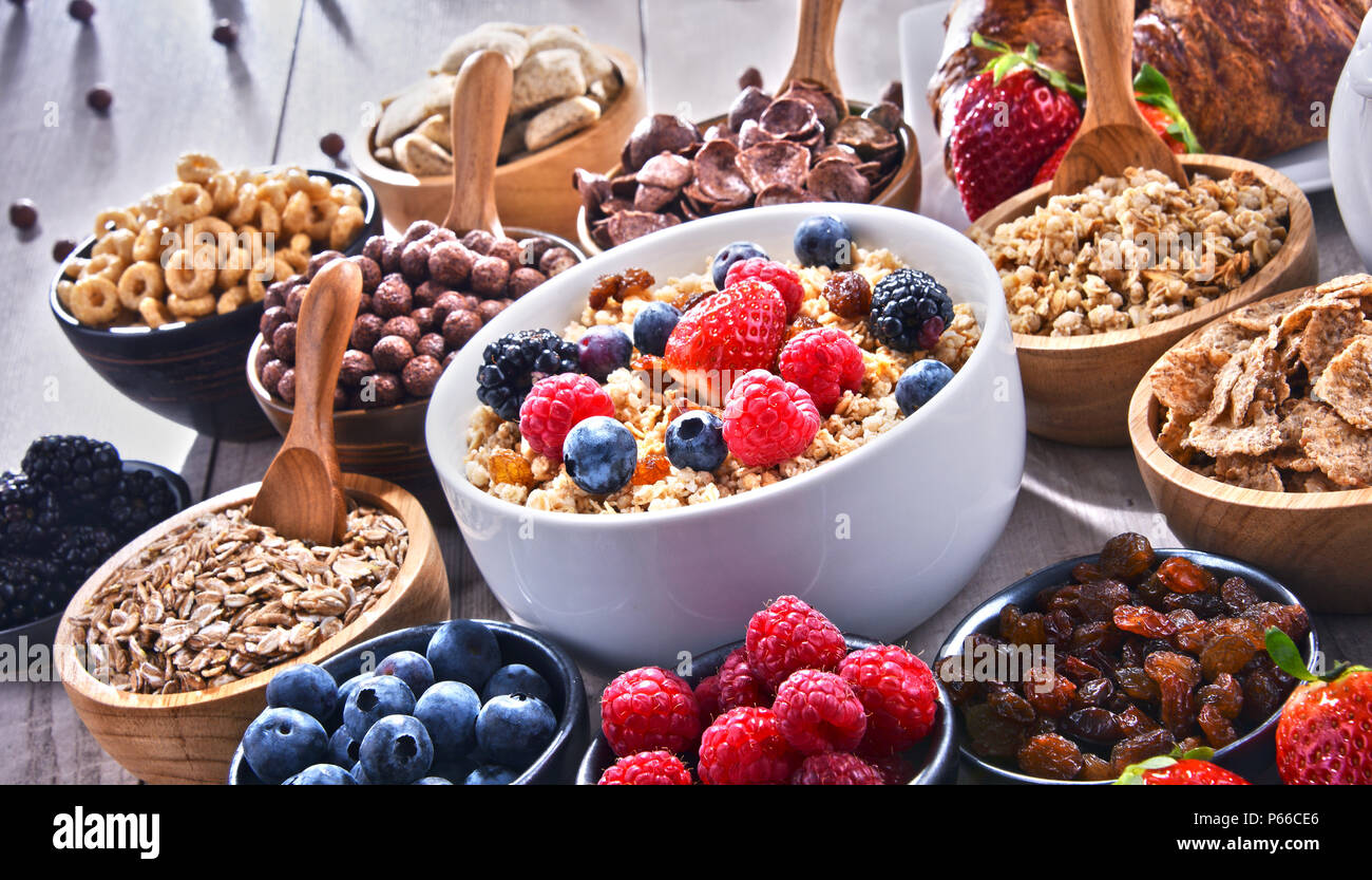 Composition with different sorts of breakfast cereal products and fresh ...