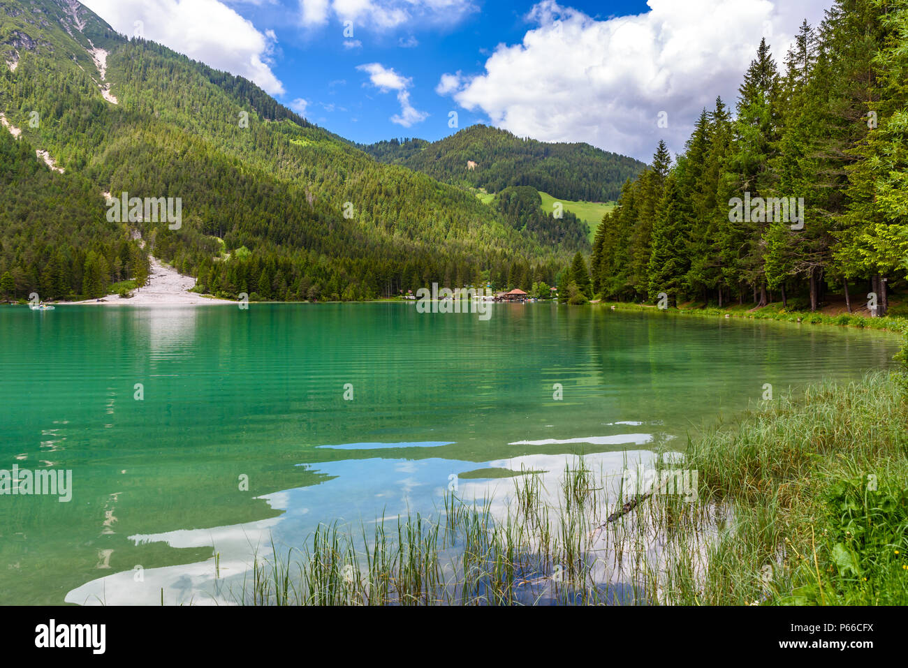 Lake Dobbiaco (Toblacher See, Lago di Dobbiaco) in Dolomite Alps, South ...