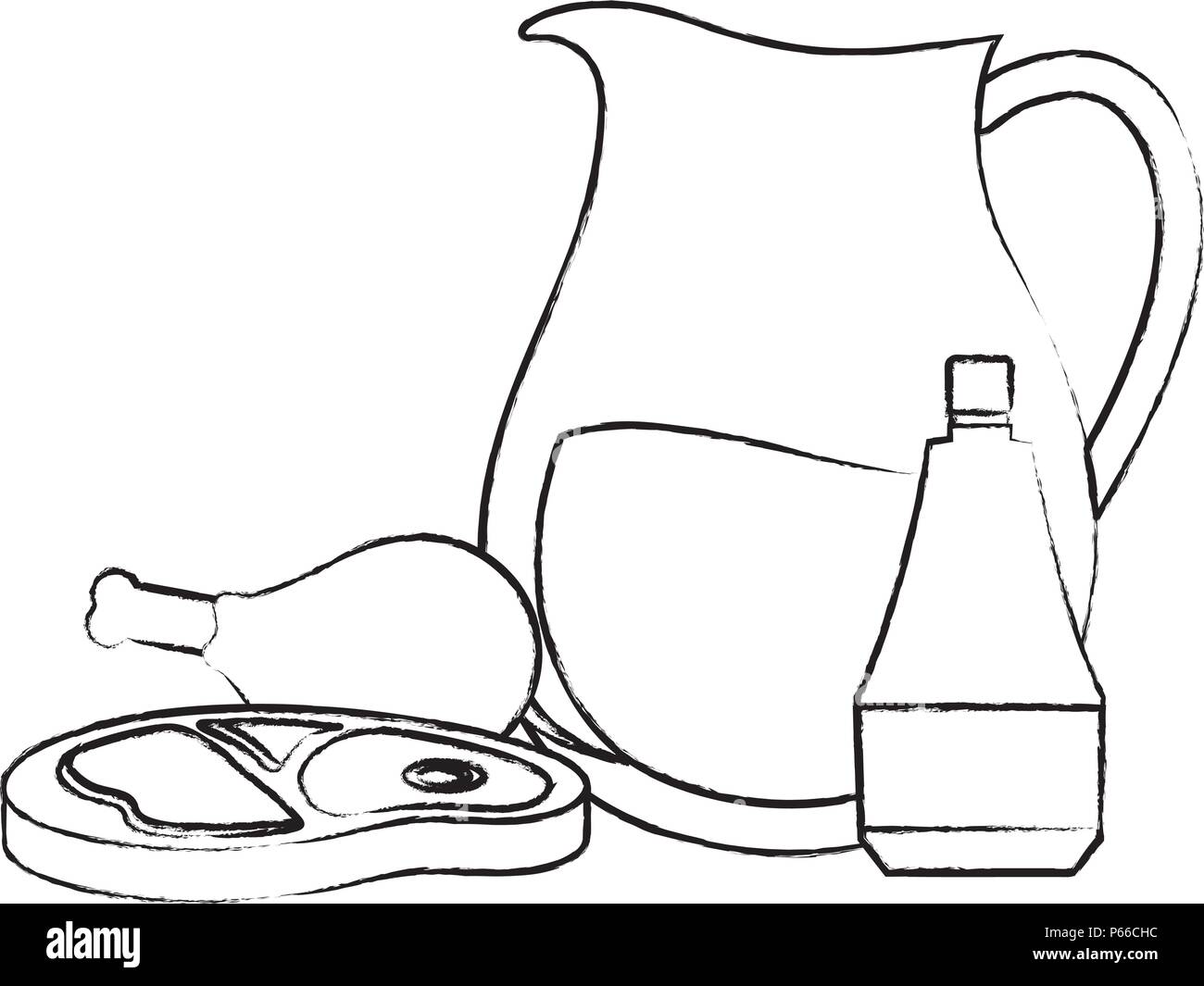 Picnic food design with lemonade pitcher and steak meat over white ...