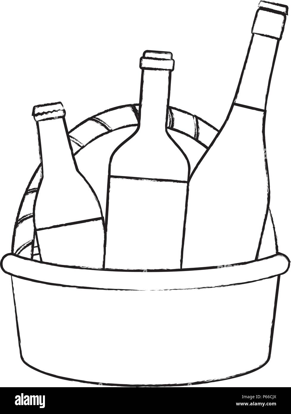 picnic basket with wine and beer bottles over white background, vector ...