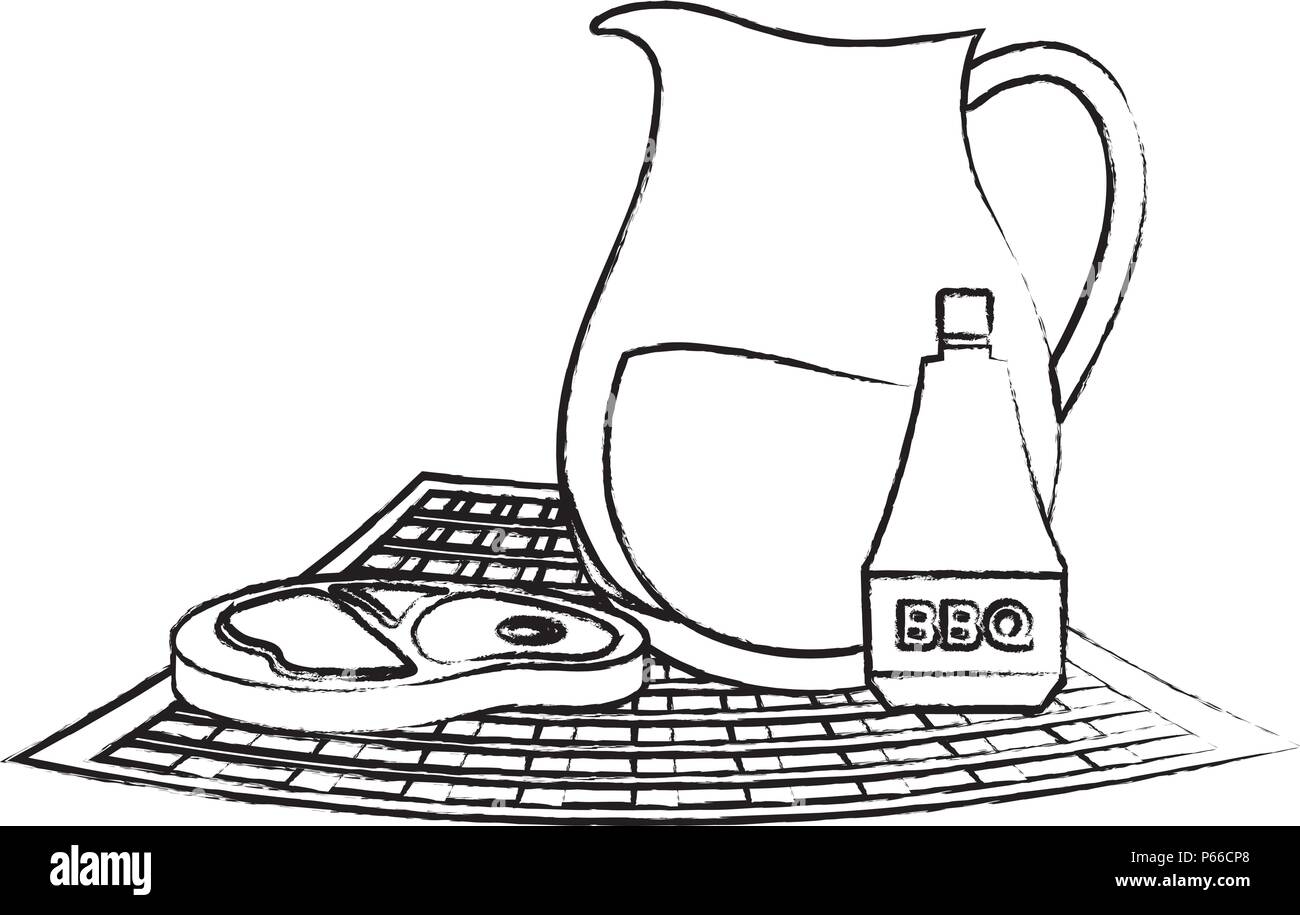 Picnic food design with lemonade pitcher and steak meat over white ...