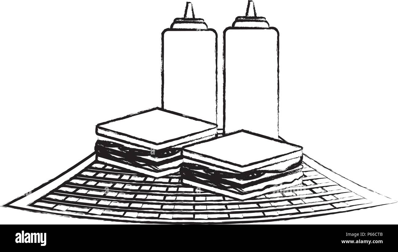 picnic tablecloth with sauce bottles and sandeich over white background ...