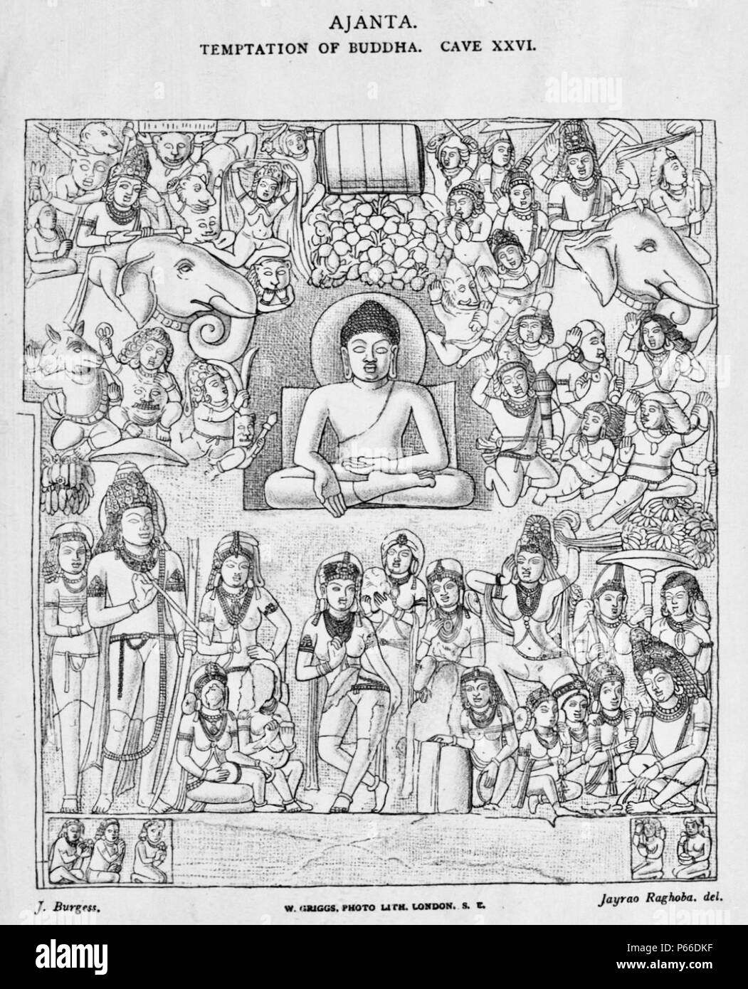 1880 sketch Temptation of Buddha Cave 26 Ajanta Maharashtra India Stock ...