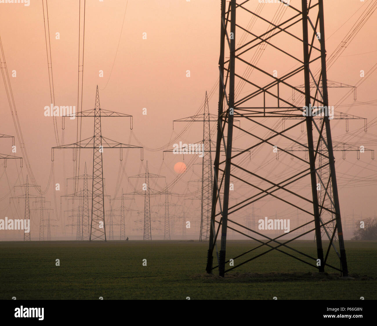 Power Poles and Power Supply Lines at Sunrise Stock Photo - Alamy