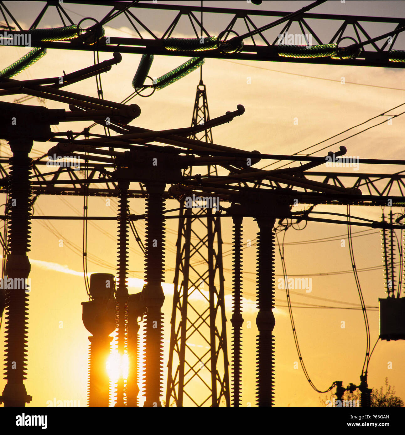 High voltage power plant at sunset Stock Photo - Alamy