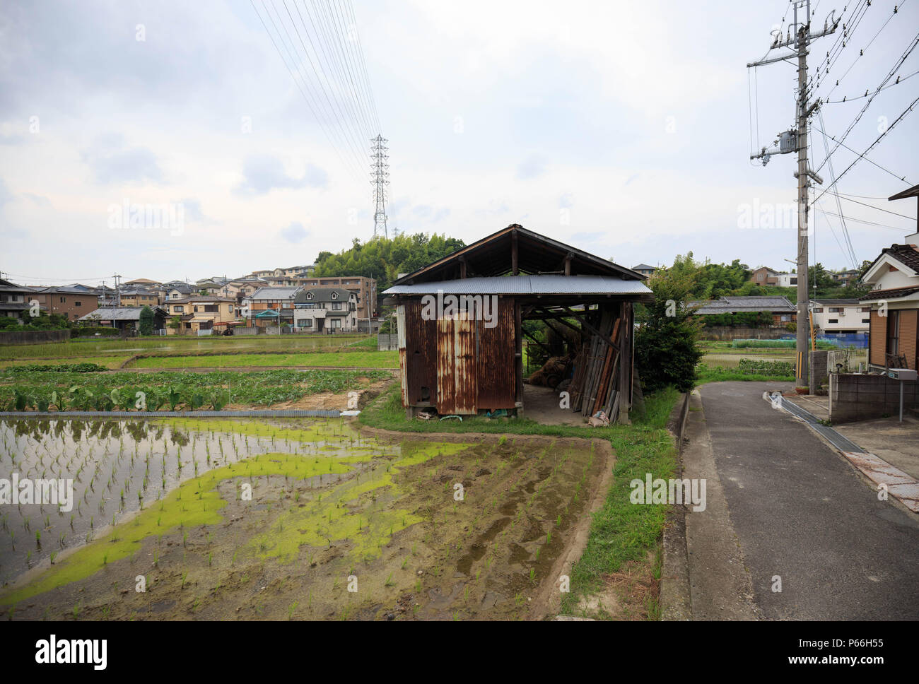 Rusty corrugated metal farming shack on rural Japanese street Stock ...