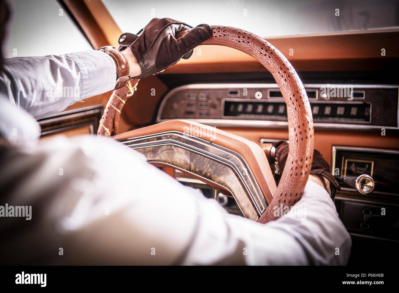 Retro Car Driving. Caucasian Men in Leather Gloves Driving Down the ...