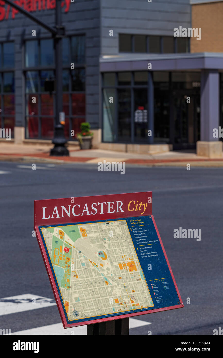 Lancaster, PA, USA - June 25, 2018: A Lancaster City map sign near a ...