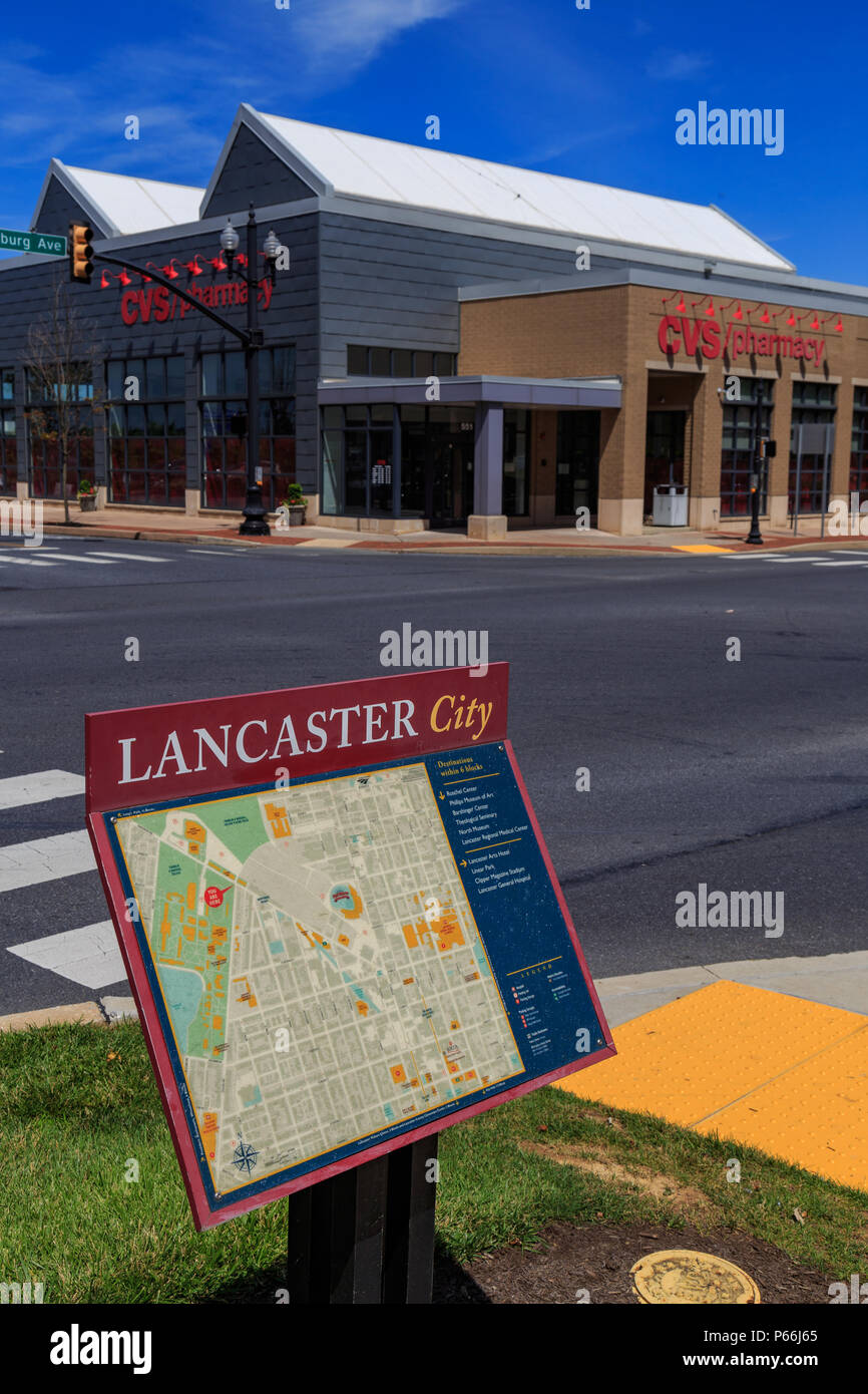 Lancaster, PA, USA - June 25, 2018: A Lancaster City map sign near a ...