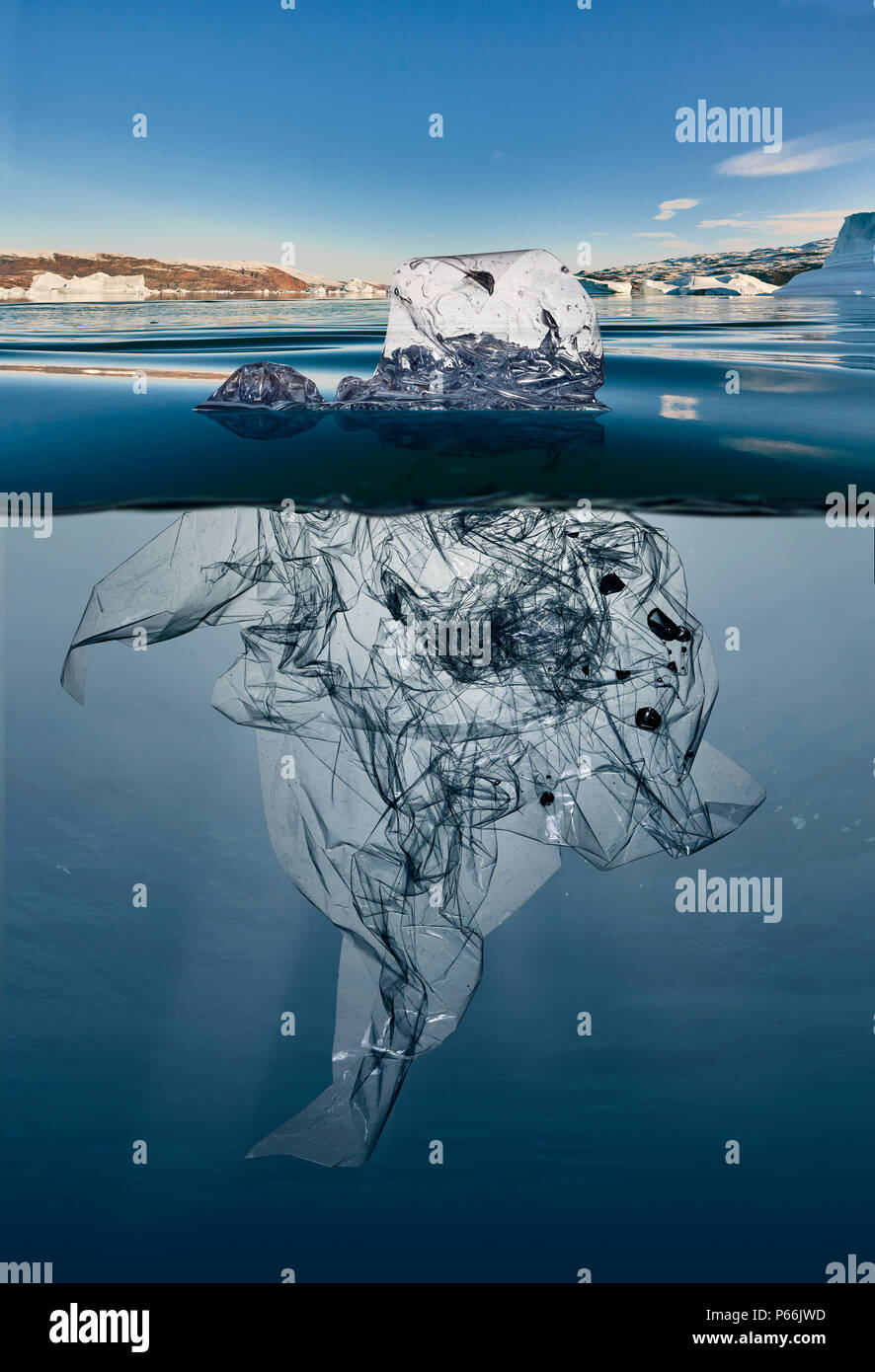 iceberg of garbage plastic floating in ocean with greenland background ...