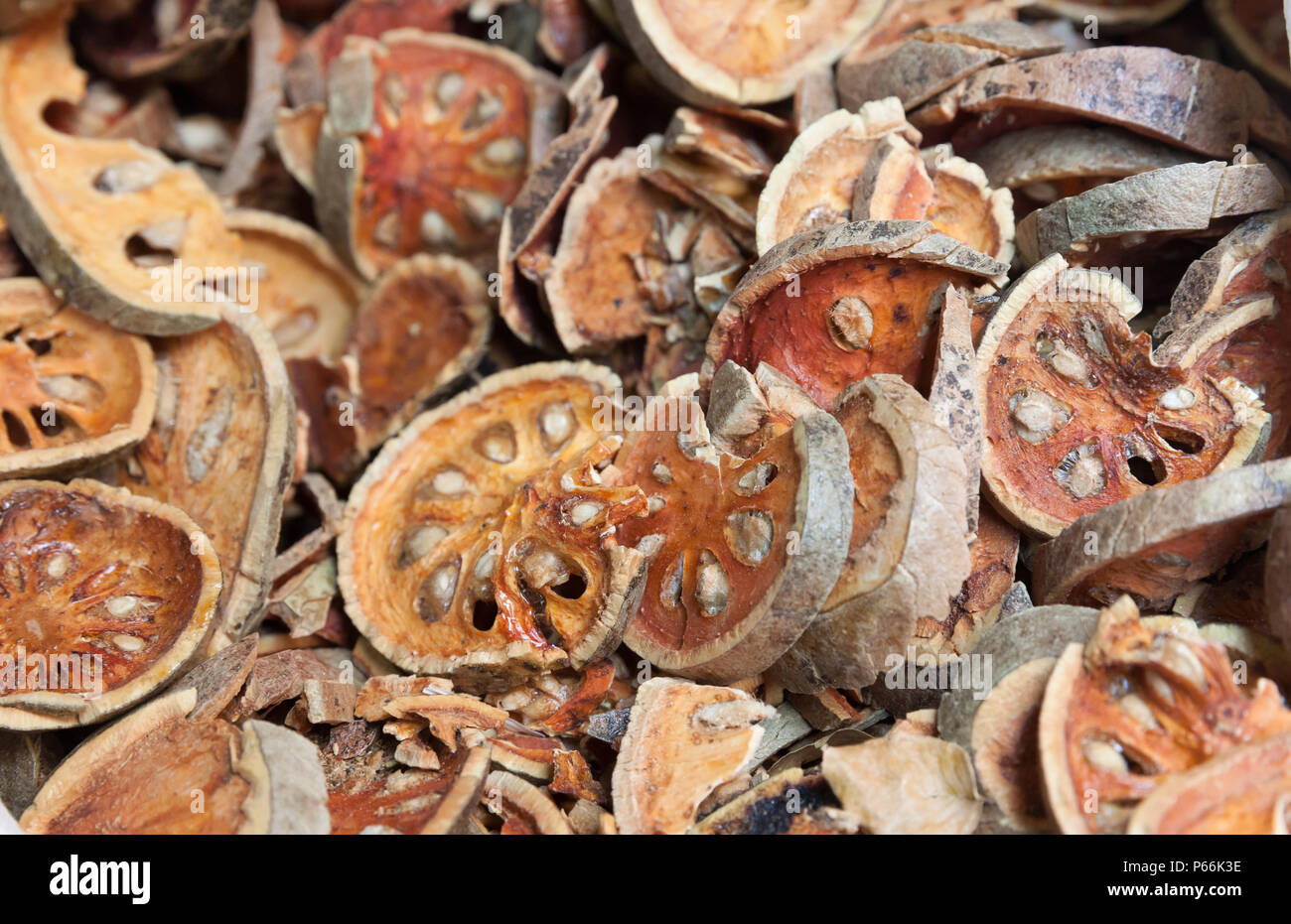Detail of dried bael fruit. Image taken in a street market in Bangkok ...
