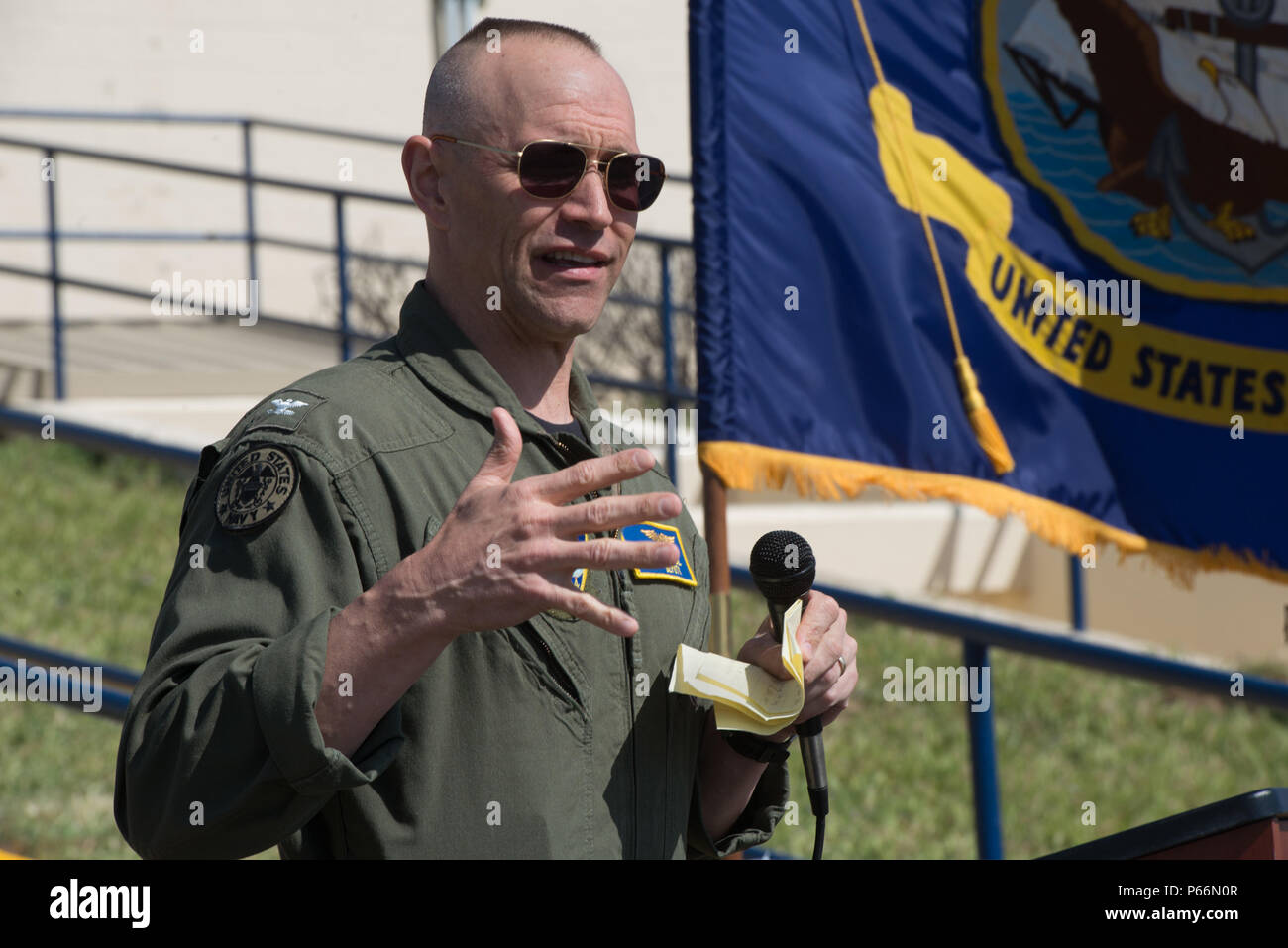 U.S. Navy Capt. Ed McCabe gives remarks during the VQ-3 detachment ...