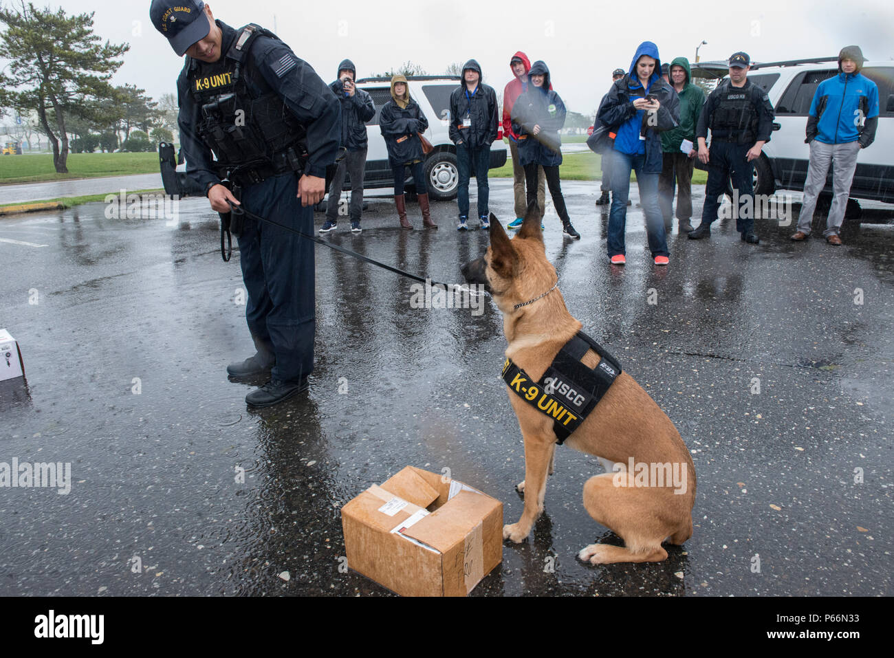 Congressional staffers watch as a Coast Guard K9 unit demonstrates the ...