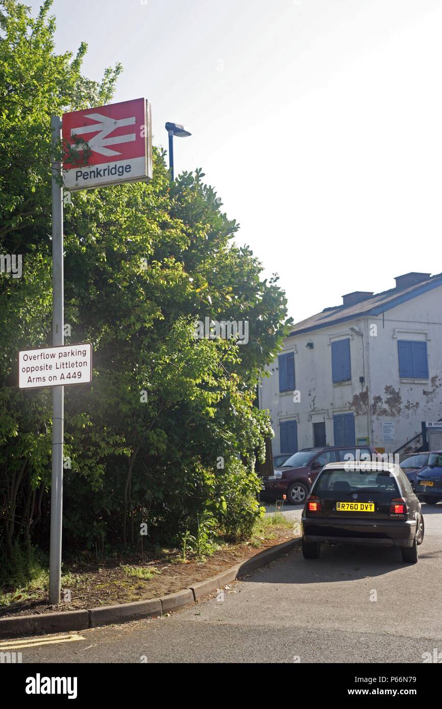 Entrance to the station car park and station sign at Penkridge station ...