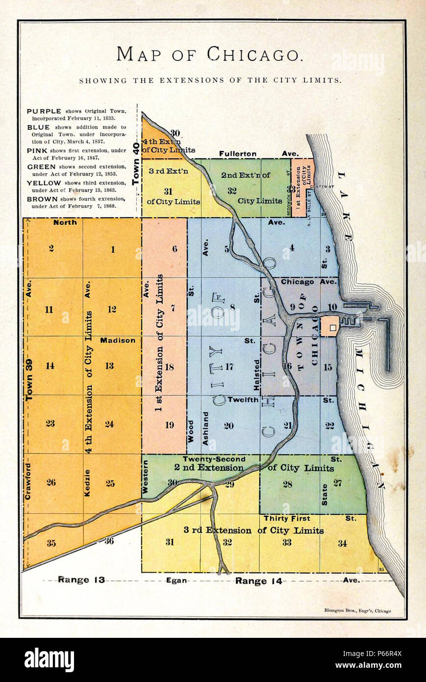 1884 map of Chicago showing extensions to city limits Stock Photo - Alamy