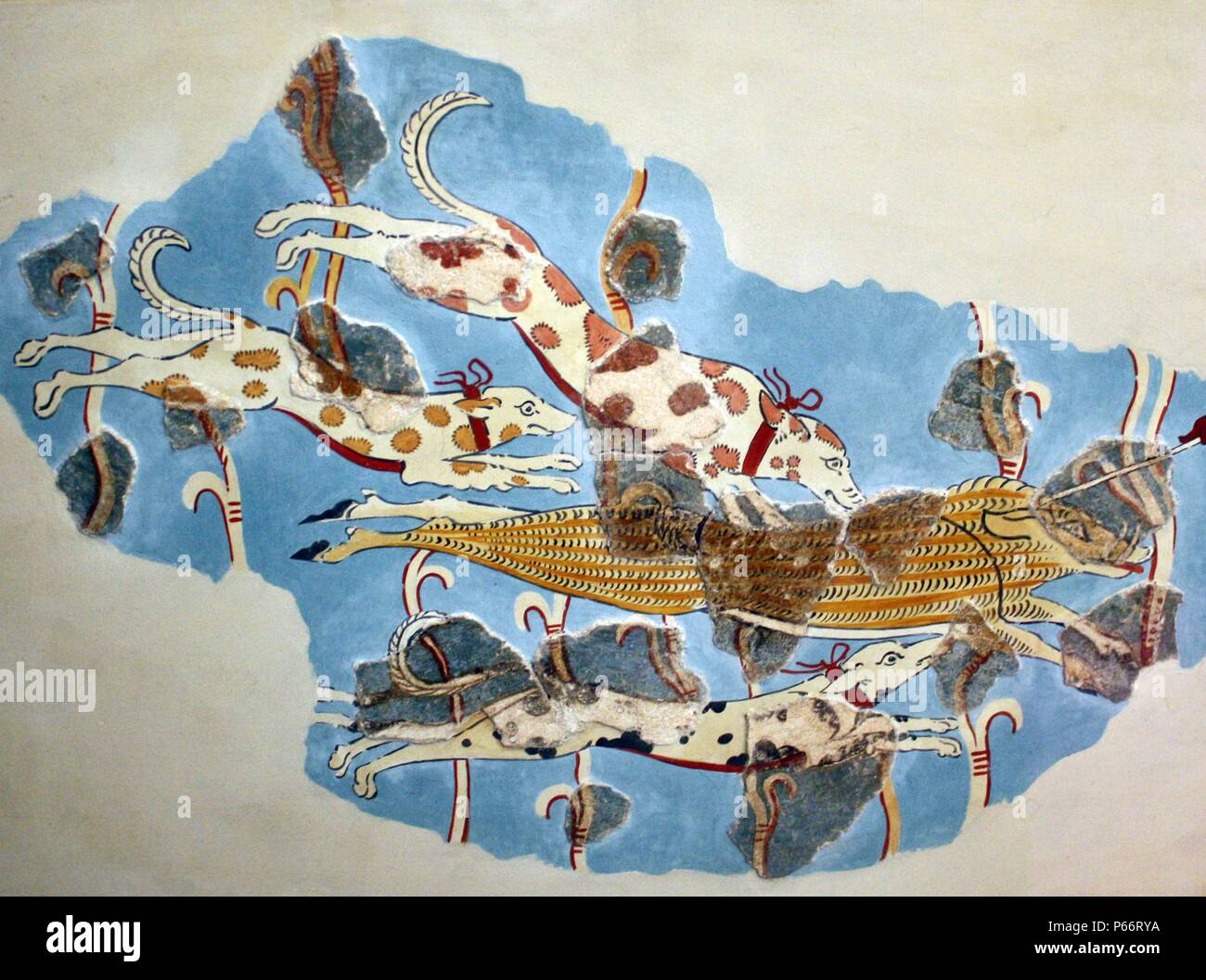 Wall painting fragments with a representation of a wild-boar hunt. Two ...