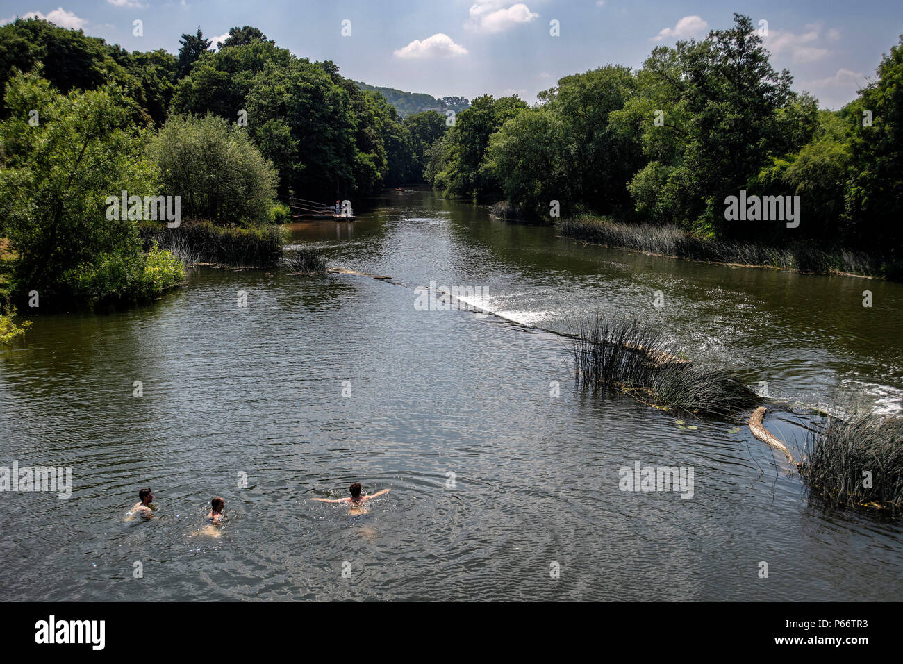 People cool down in the river Avon next to the weir at Bathampton Mill ...