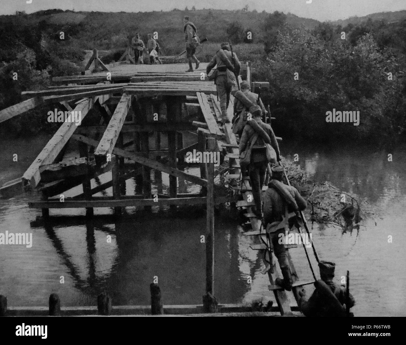 World war one wwi destruction ruins bridge river serbia Black and White ...