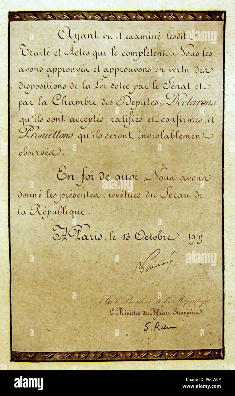 Text of the ratification by the Treaty of Versailles Germany July 9 ...