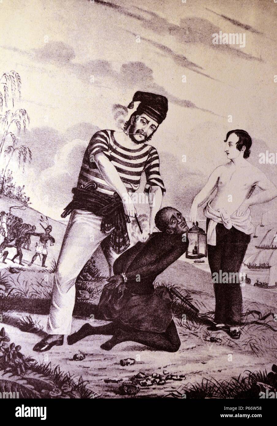 Currier & Ives Illustration 19th Century. Branding Slaves on the coast ...