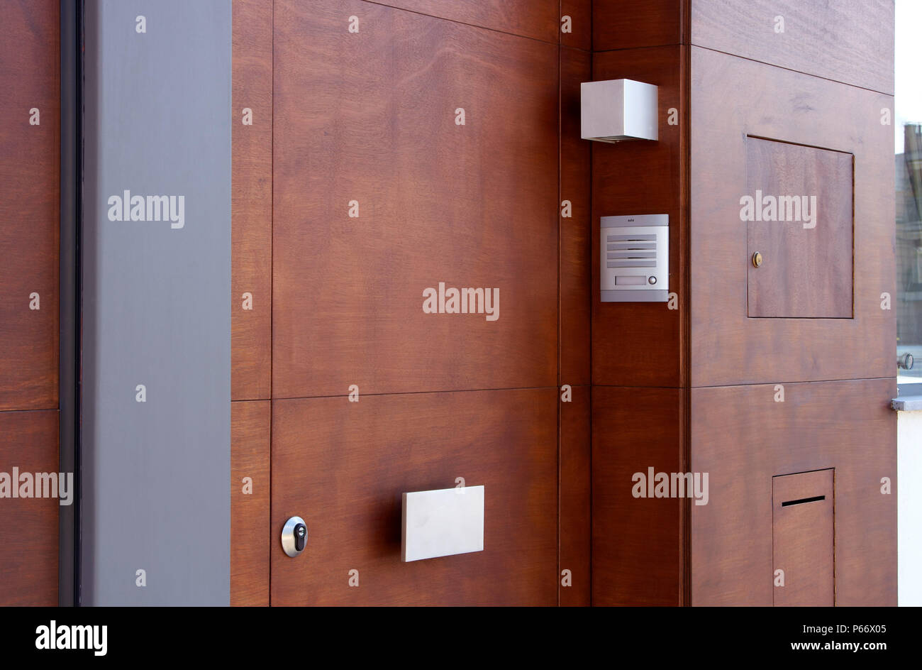 Wooden door with letter slot and security system Stock Photo - Alamy
