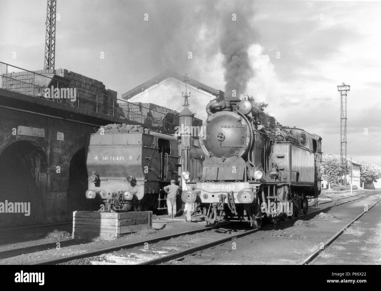 A brace of SNCF Class 141, 2-8-2Ts stand in the depot yard. C1956 Stock ...