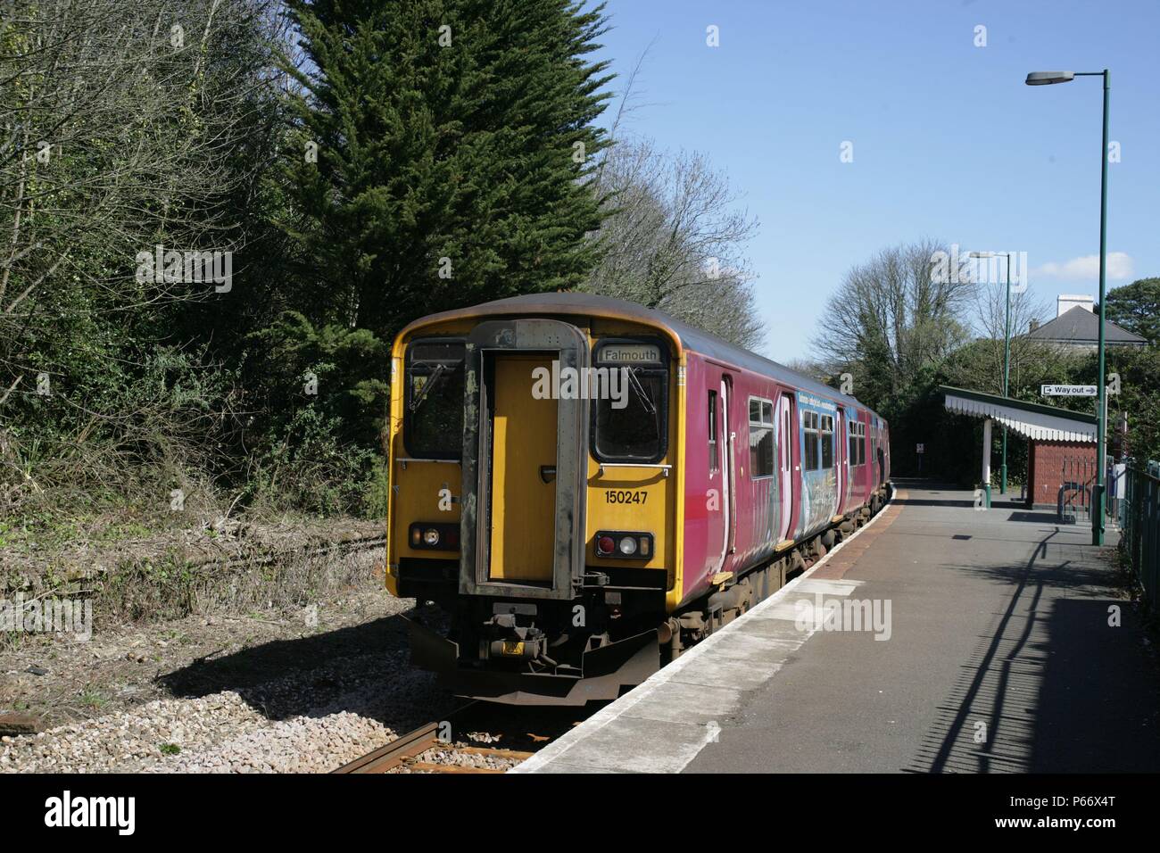A local train for Falmouth calls at Perranwell station, Cornwall. 2006 ...