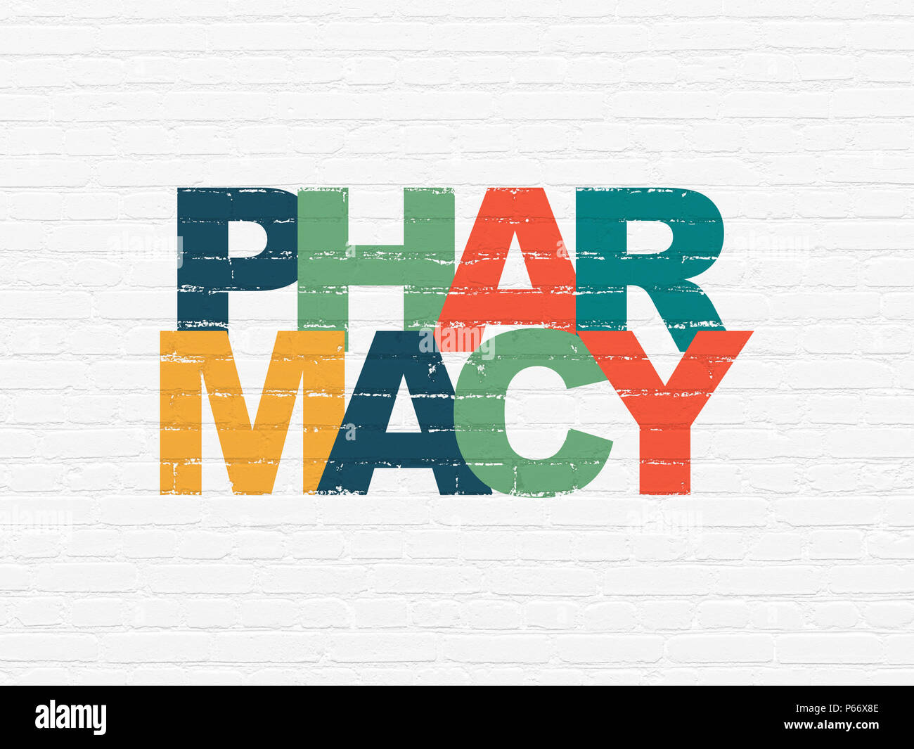 Medicine concept: Painted multicolor text Pharmacy on White Brick wall ...