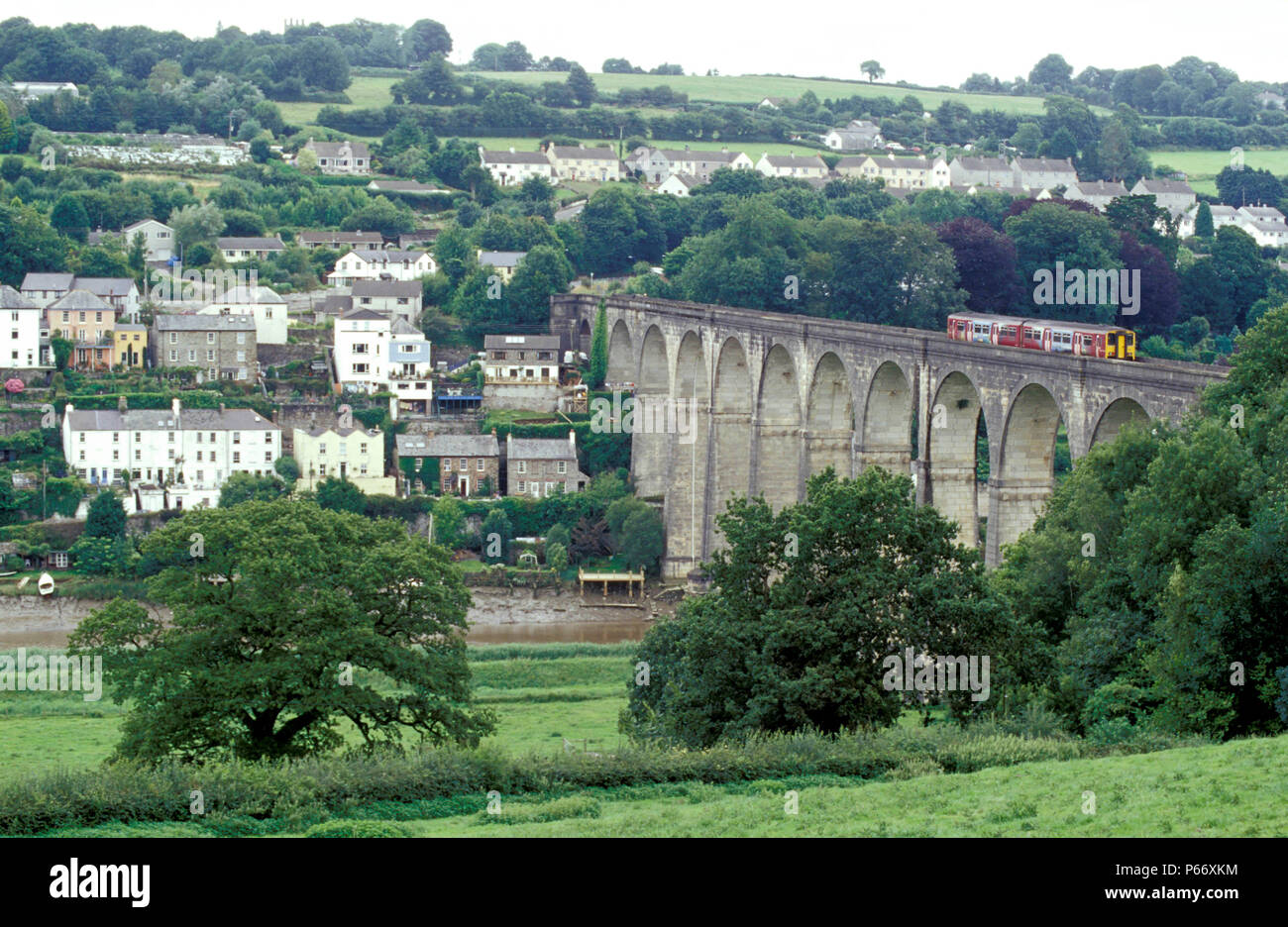 Calstock Viaduct crosses the river Tamar which forms the border between ...