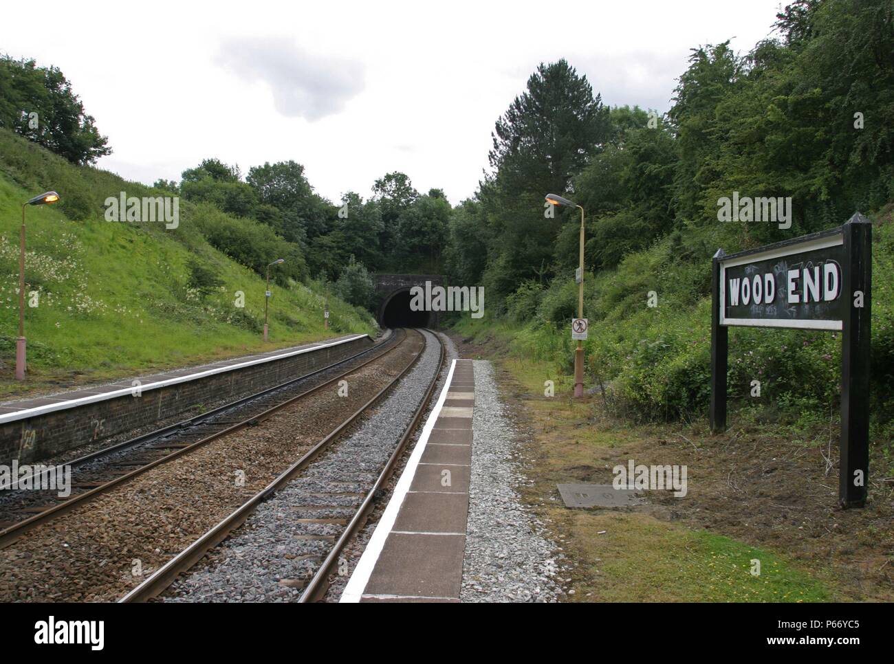 Platform end view at Wood End station, Warwickshire, with platform ...