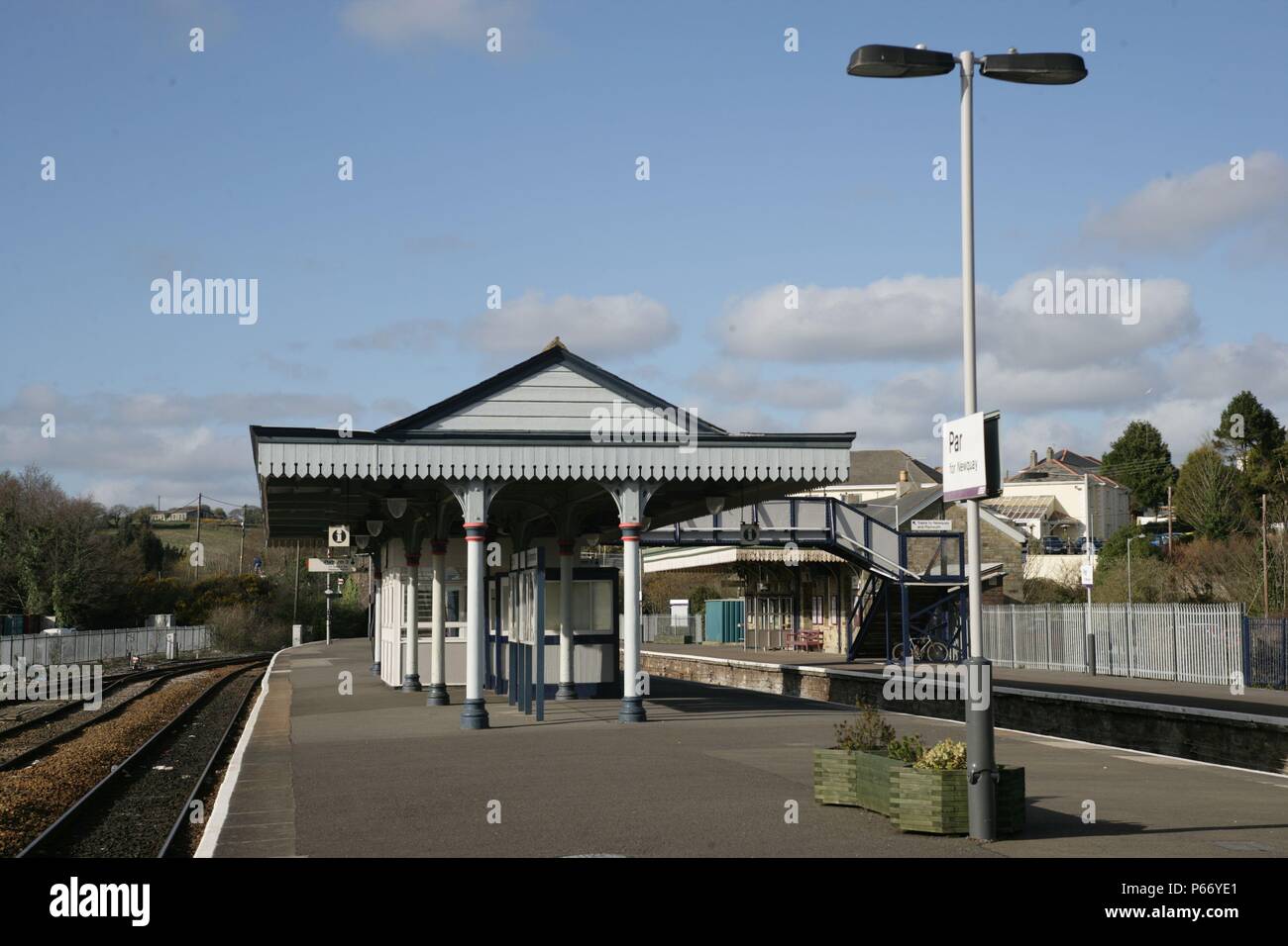 Platform view at Par station, Cornwall, showing the platform lighting ...