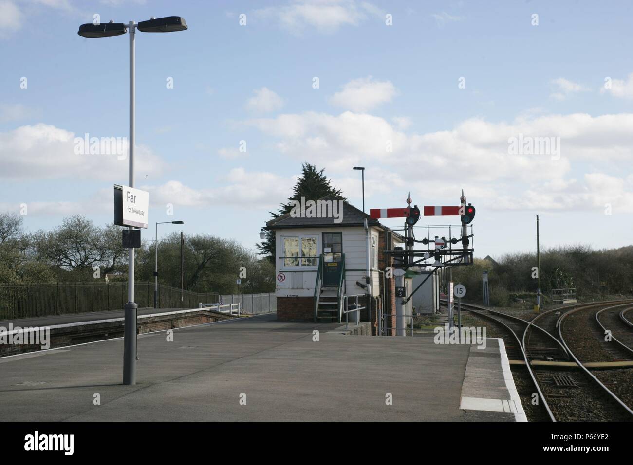 Platform view at Par station, Cornwall, showing the platform lighting ...
