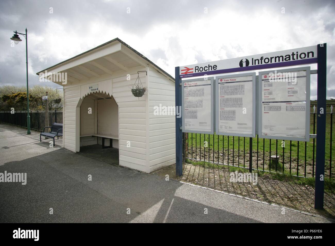Platform view at Roche station, Cornwall, with waiting shelter ...