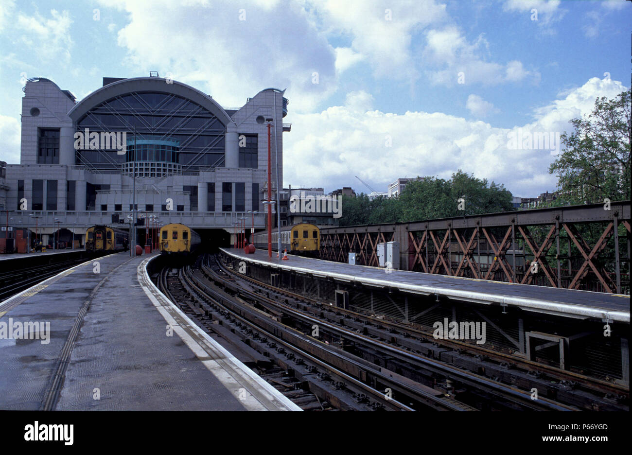 Platform view of Charing Cross station, London showing the distinctive ...