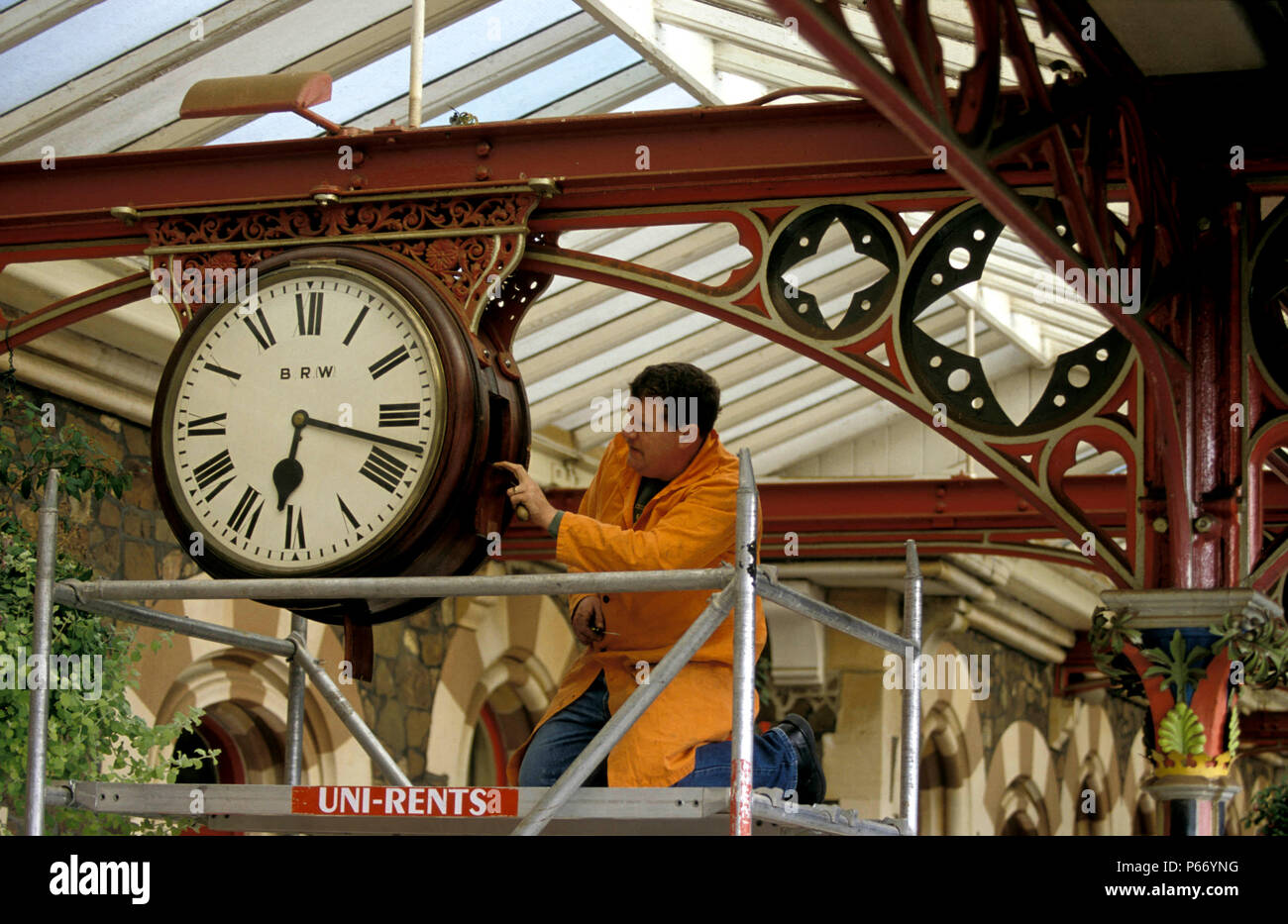 Repairs to the station clock at Malvern, Worcestershire Stock Photo - Alamy