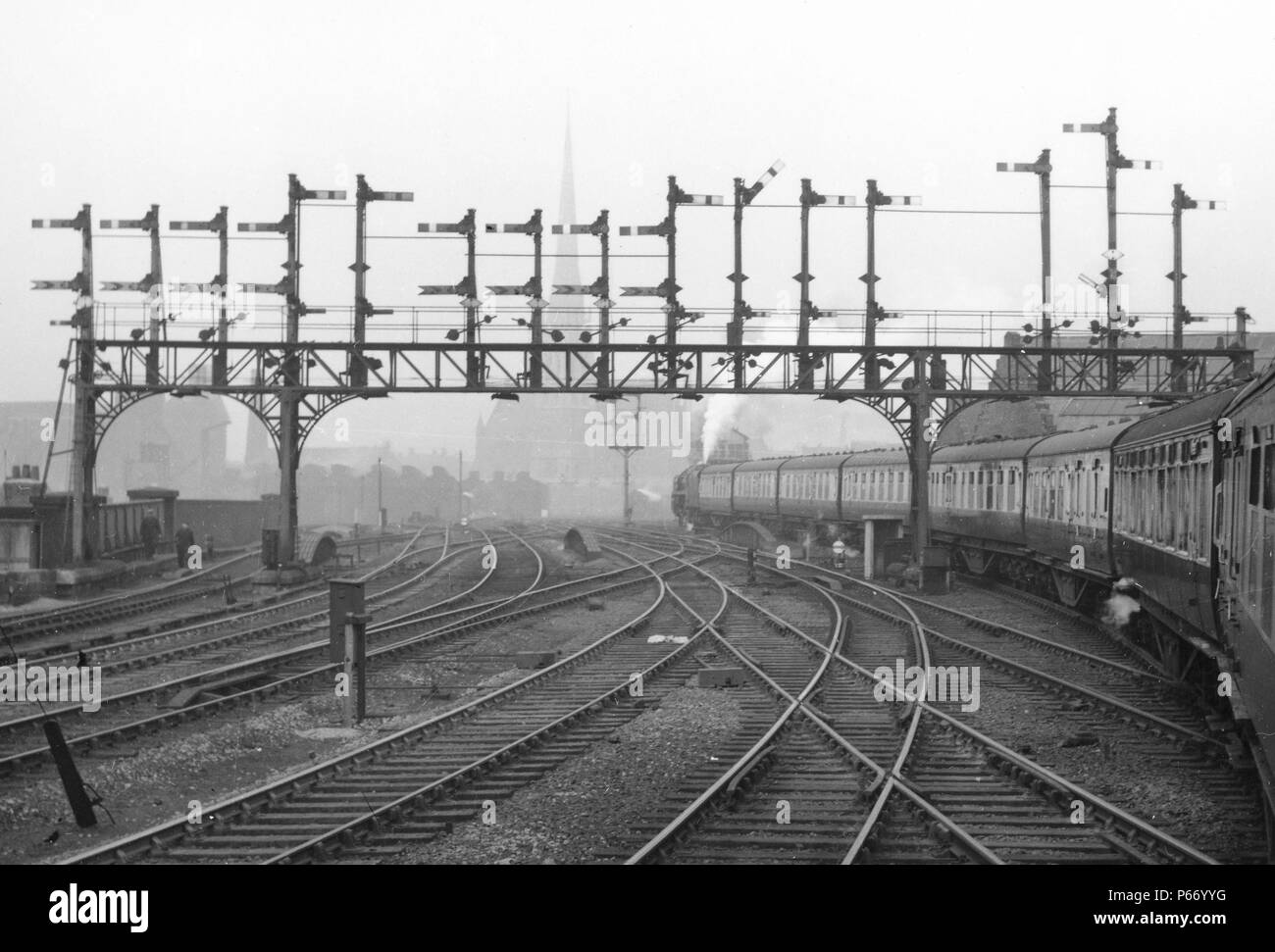 Semaphore signal gantry, Preston taken from a northbound train. C1955 ...