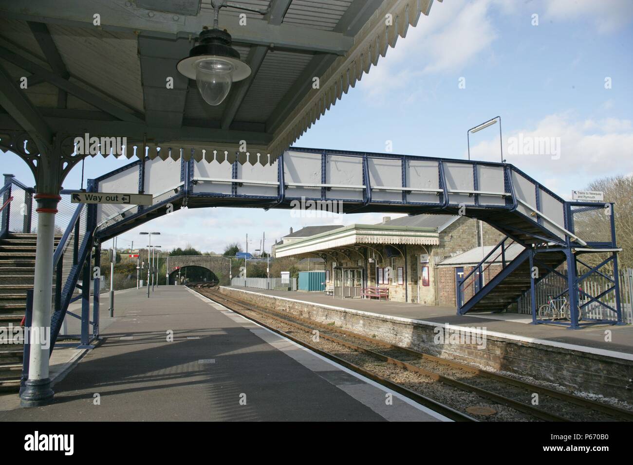 The canopy and footbridge at Par station, Cornwall, with heritage ...
