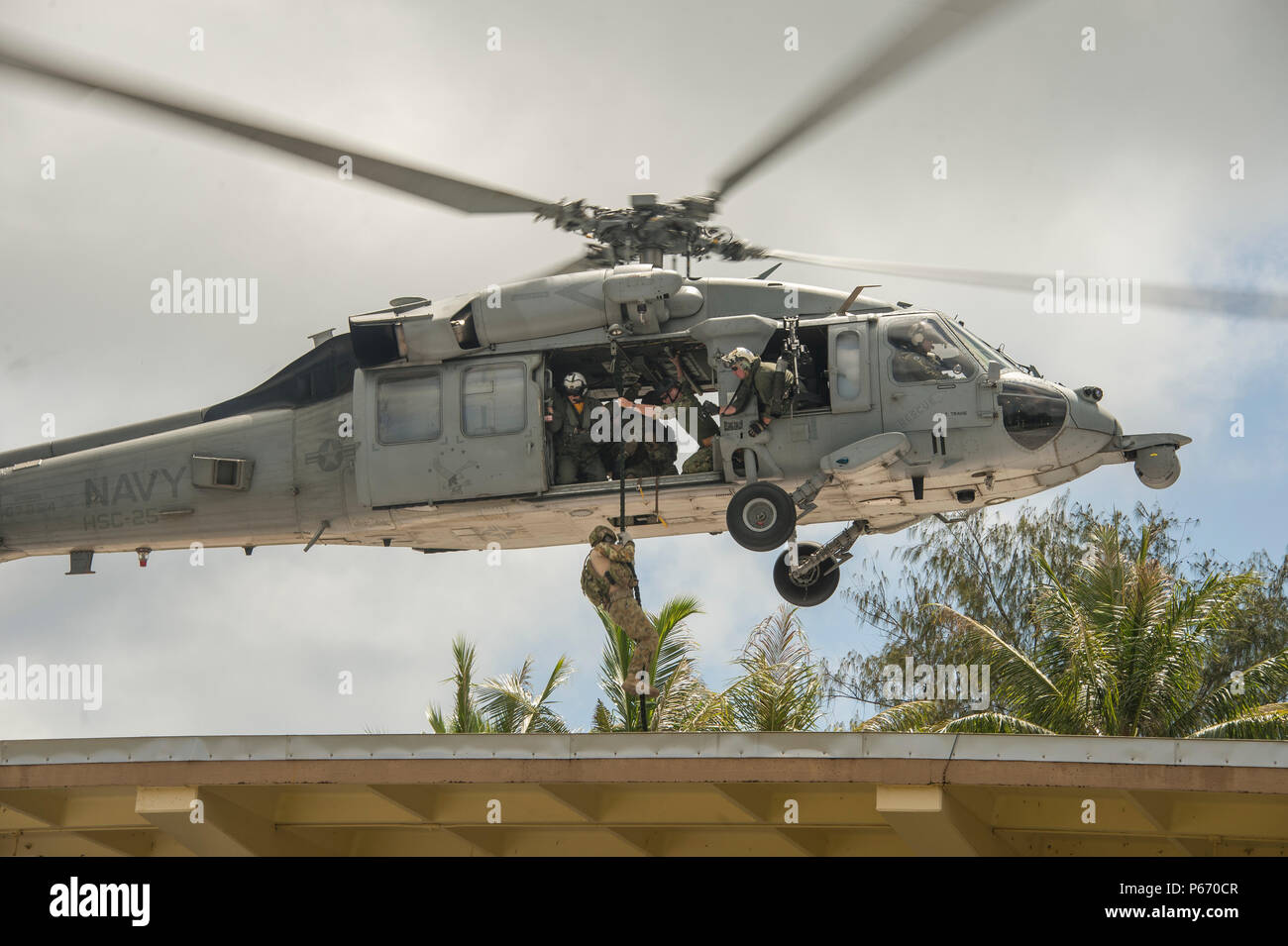 An explosive ordnance disposal technician fast ropes from a U.S. Navy ...