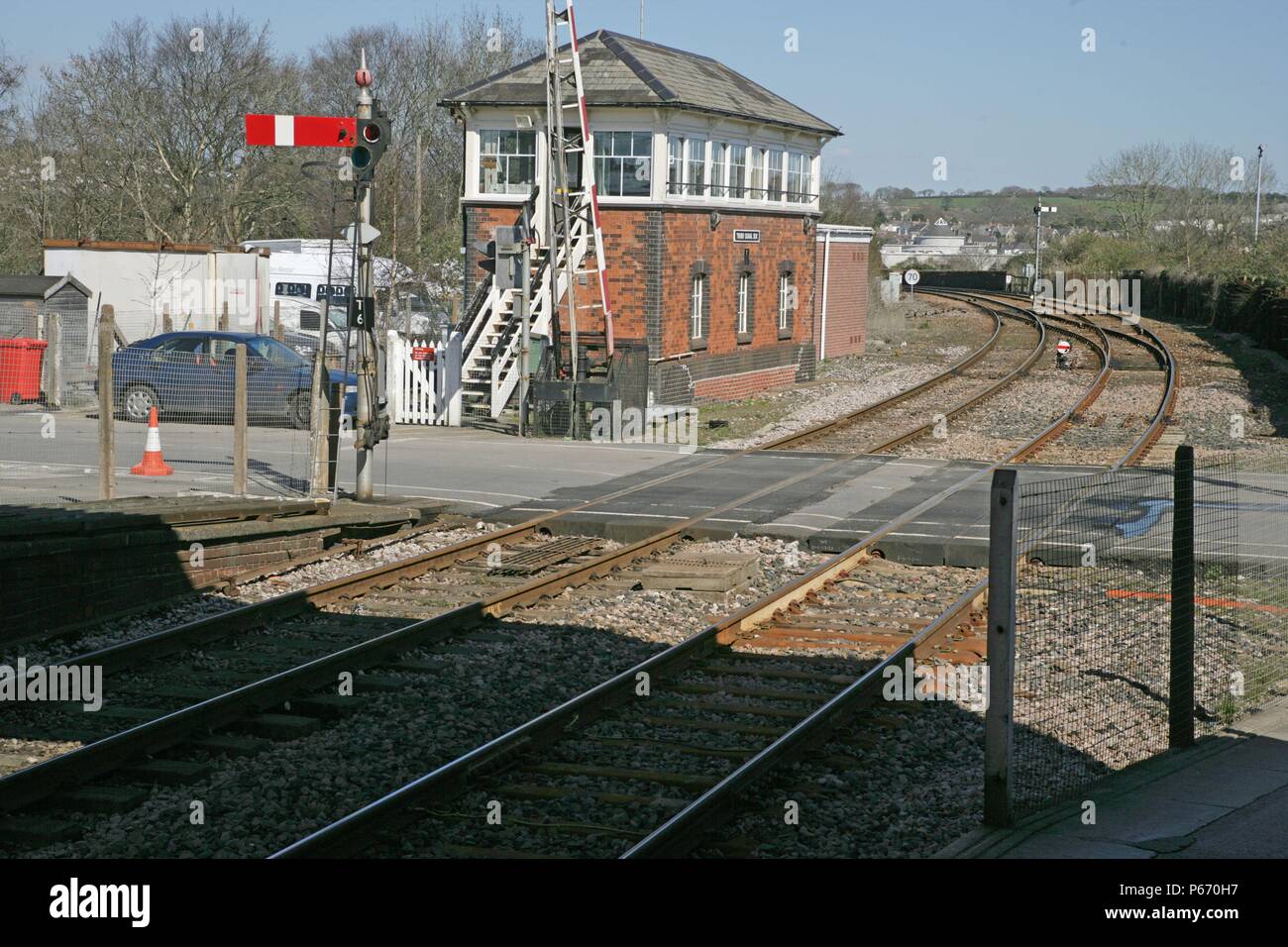 The level crossing, signal and signal box at Truro station, Cornwall ...