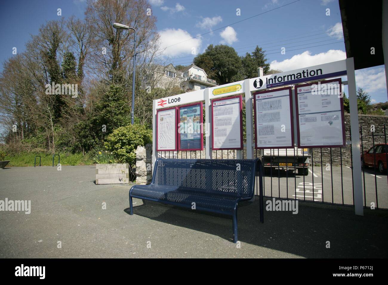 Traveller information, including timetables, on the platform at Looe ...