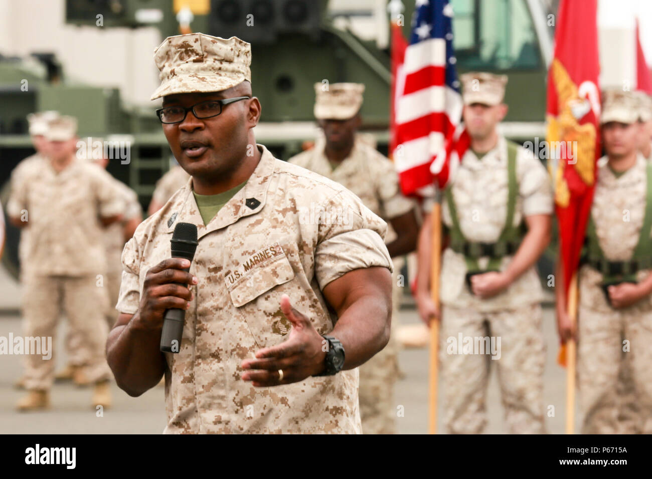 U.S. Marine Corps Master Sgt. Gregory Byrd addresses the audience at ...