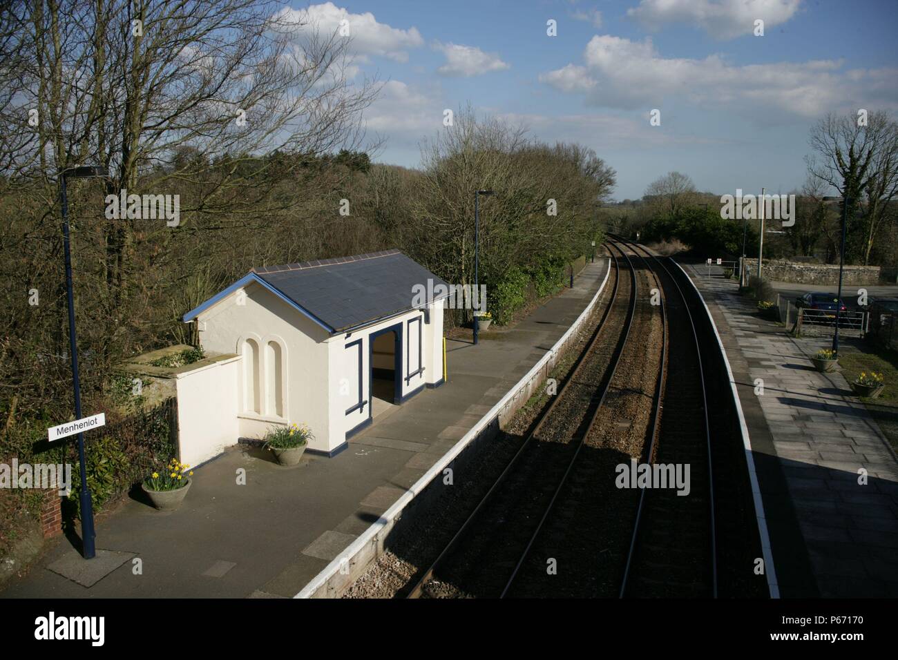 View from the footbridge at Menheniot station, Cornwall, with waiting ...
