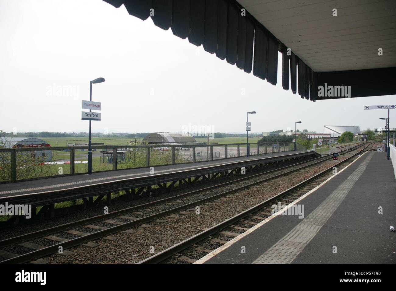 View of RAF Cosford, aerodrome and aerospace museum from the platform ...
