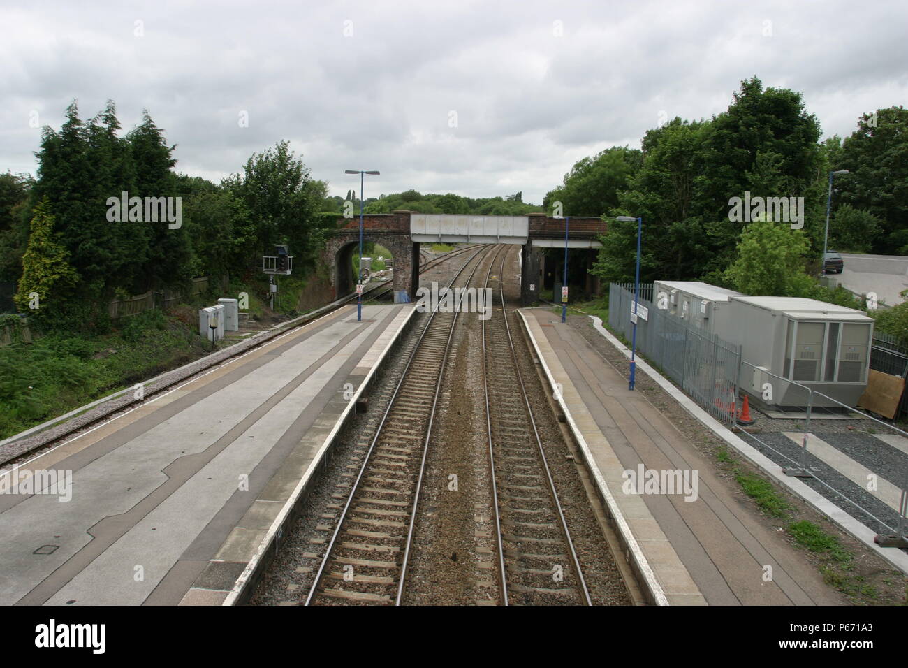 View of the platforms and road bridge at Hatton station, Warwickshire ...