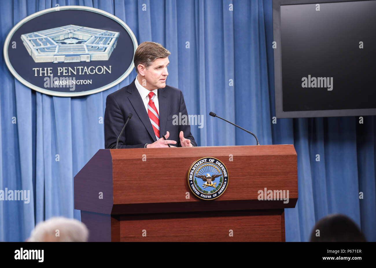 Pentagon Press Secretary Peter Cook briefs the media in the Pentagon ...