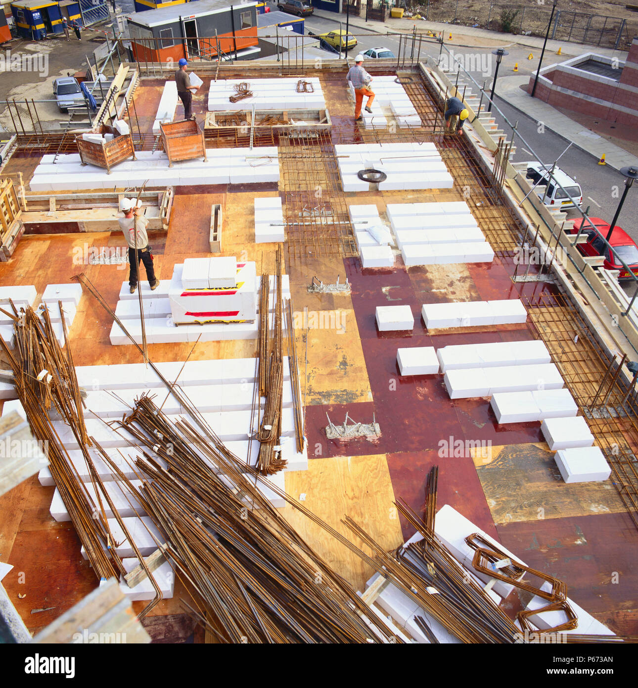 Foam styrene blocks and steel reinforcing on timber shutter deck Stock ...