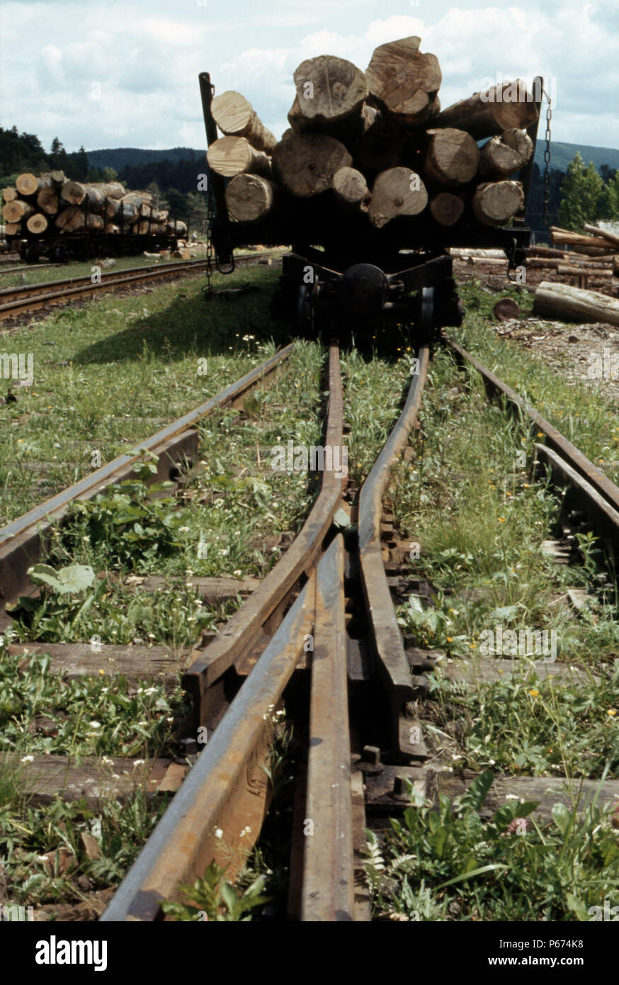 Log cars in the yard at Czarna Bialostocka in May 1983 Stock Photo - Alamy
