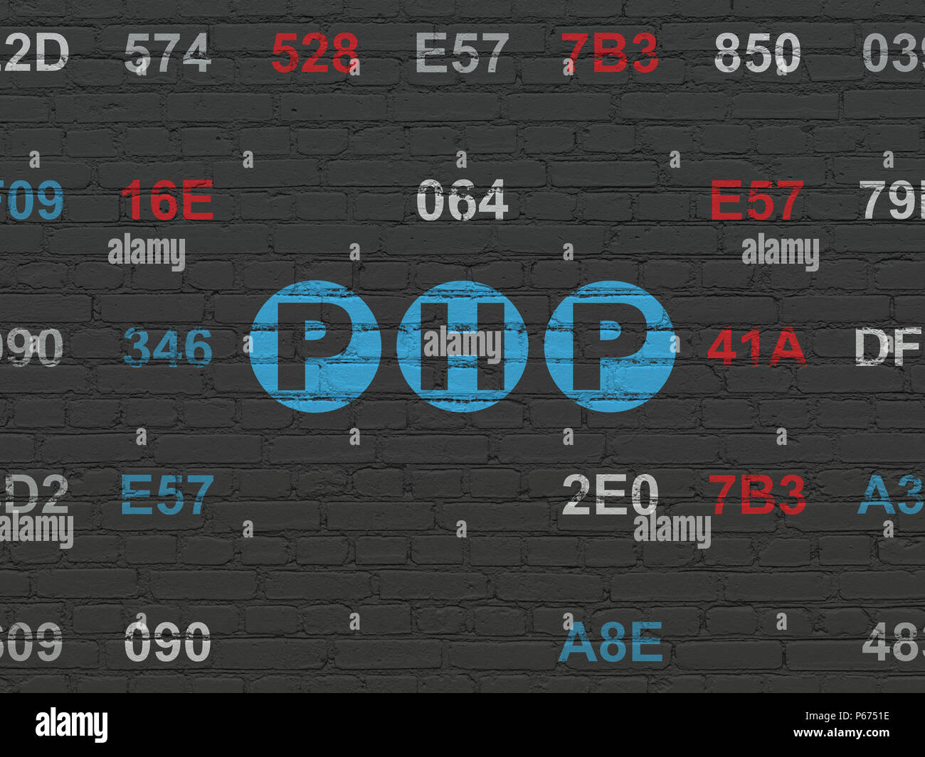 Programming concept: Painted blue text Php on Black Brick wall ...